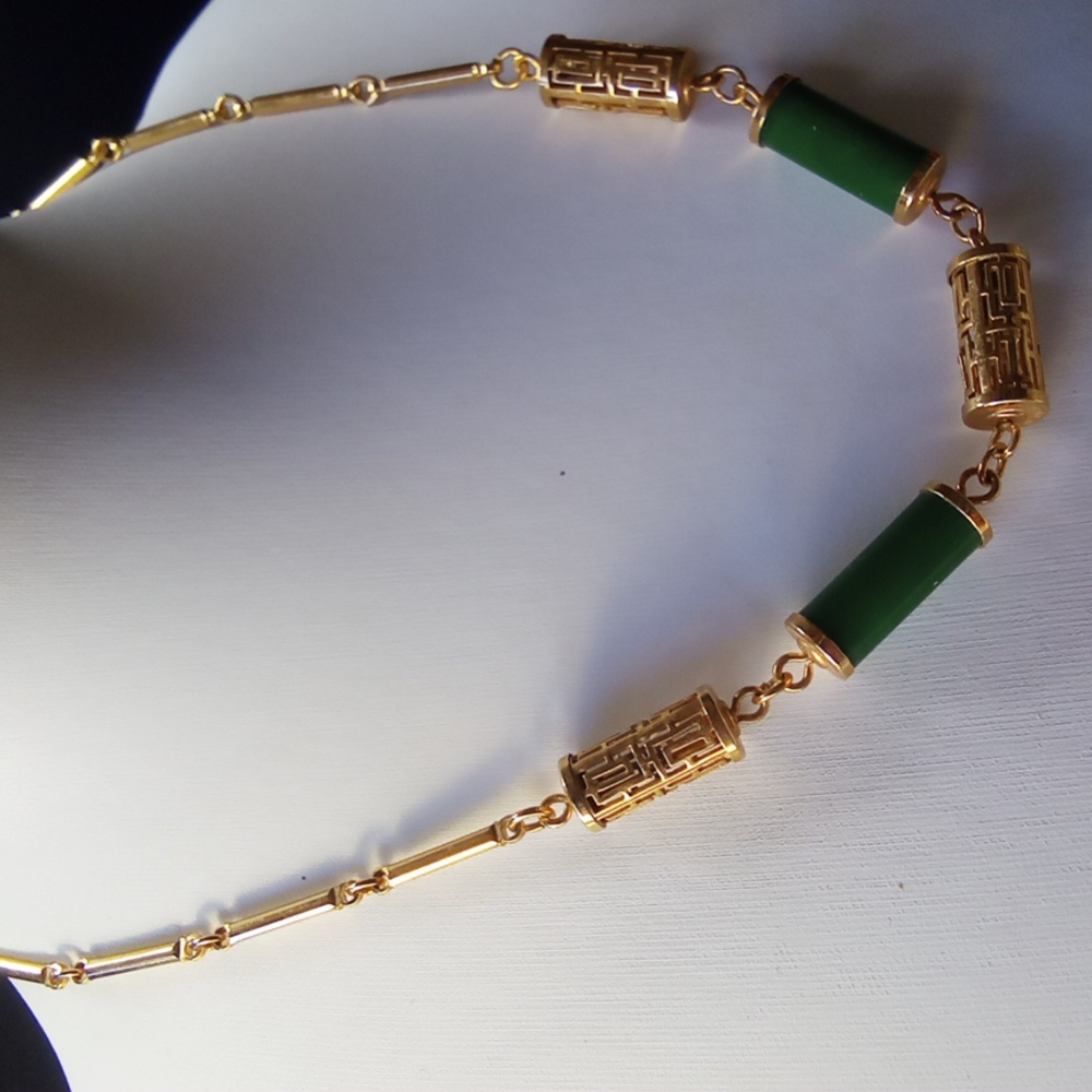 Vintage Asian Inspired Faux Jade Gold Necklace Sarah … - Gem